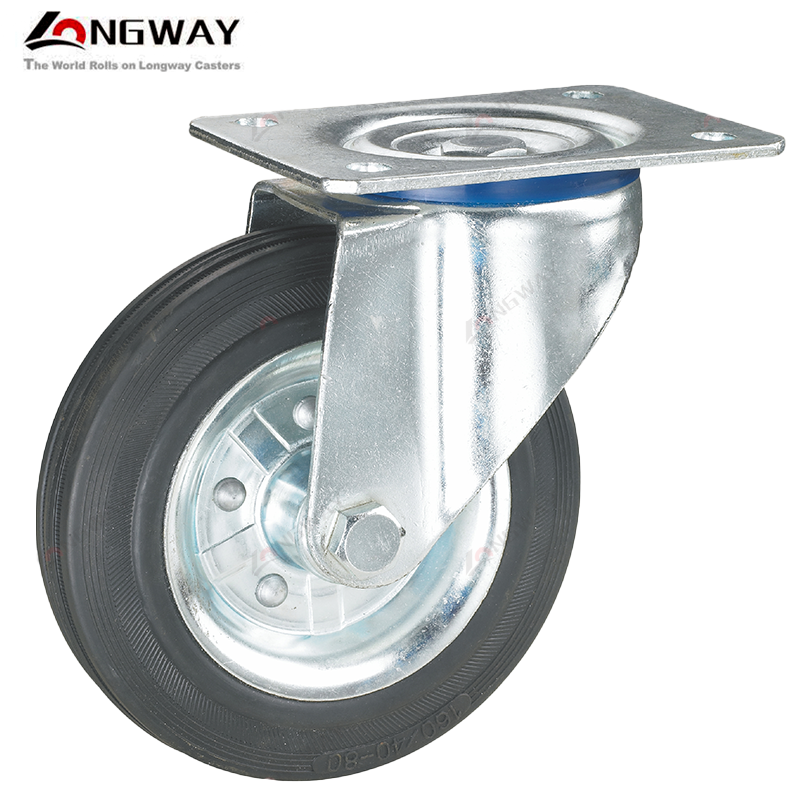 ROUE PIVO EN CAOUTCHOUC NOIR NOYAU EN ACIER A PLAQUE A-03 - EGM