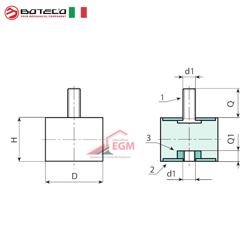 PLOT ANTIVIBRATION CYLINDRIQUE A TIGE ET TROU FILETE BOTECO | EGM
