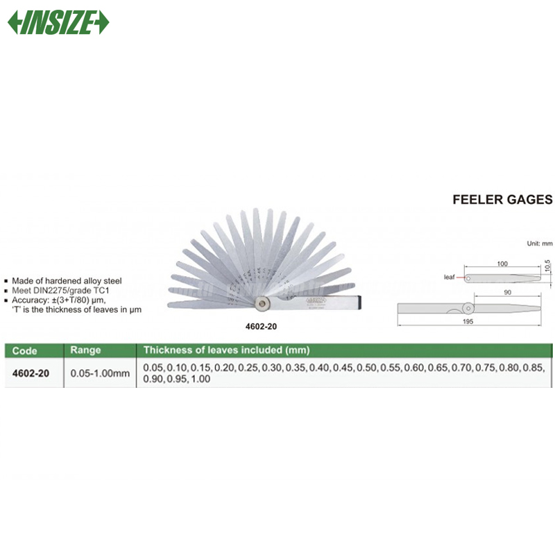 JAUGE D'EPAISSEUR 0.05-1.00MM LONG 100MM 20 LAMES INSIZE | EGM